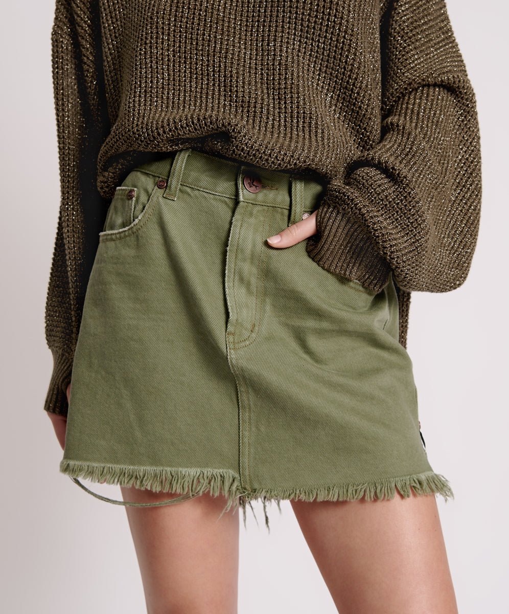 2020 High Waist Mini Denim Skirt - Military Khaki | One Teaspoon
