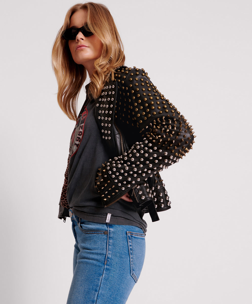 BLACK HELLRAISER STUDDED CROP LEATHER MOTO JACKET - One Teaspoon