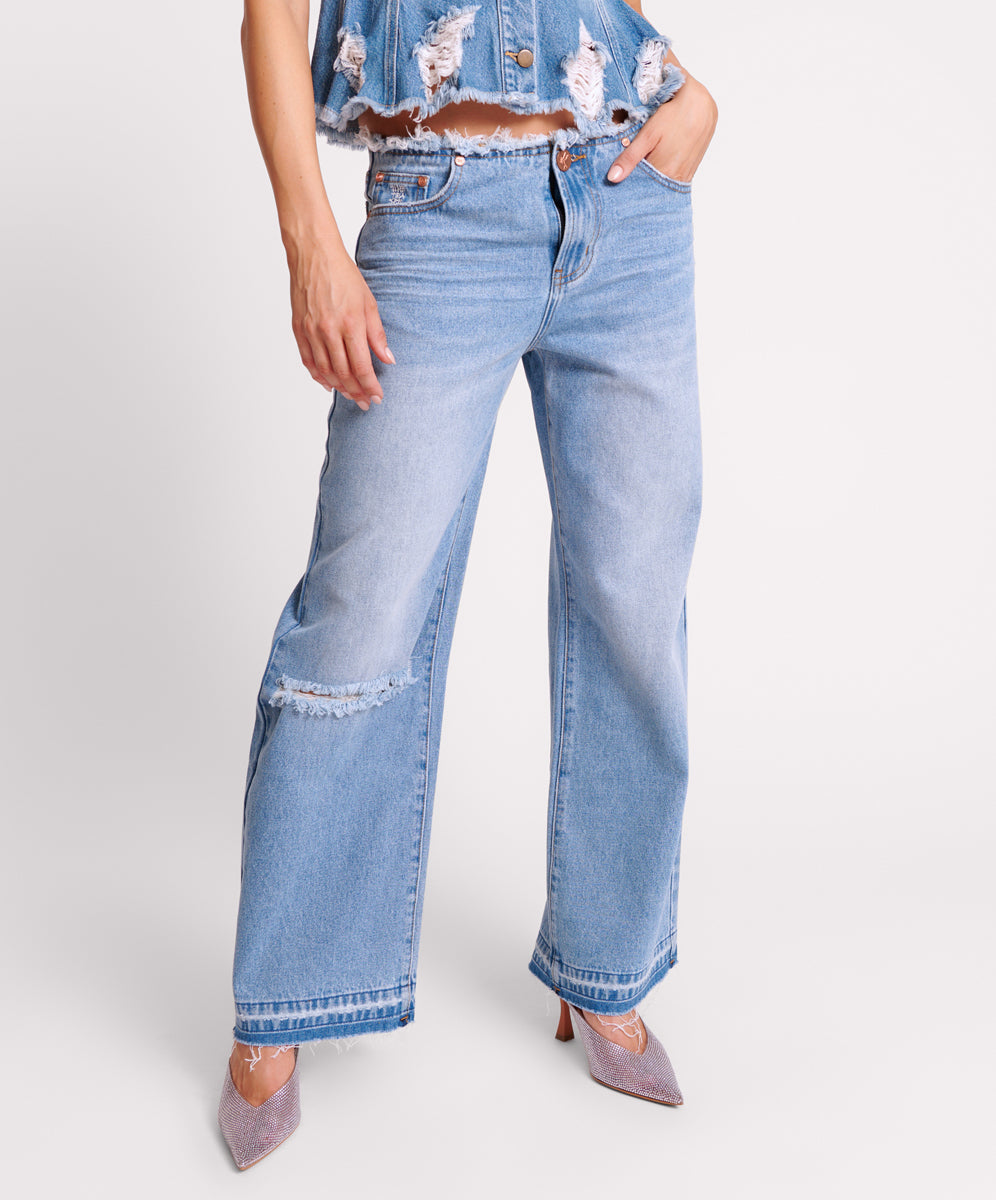 Low Riders Low Waist Wide Leg Denim Jeans - Bolt Blue | One Teaspoon
