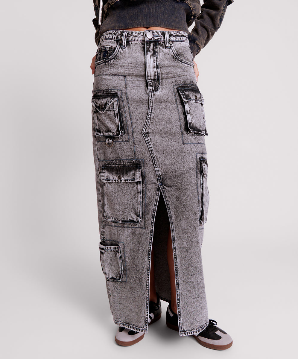 90S Cargo Pocket Column Denim Skirt - Slate Acid | One Teaspoon