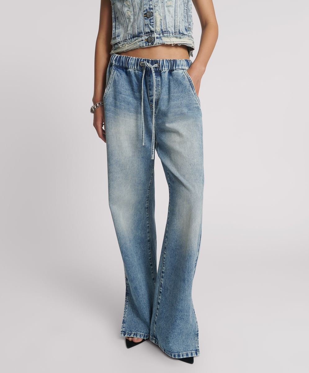 Roadhouse Wide Leg Drawstring Denim Jeans - Sunset Blue | One Teaspoon
