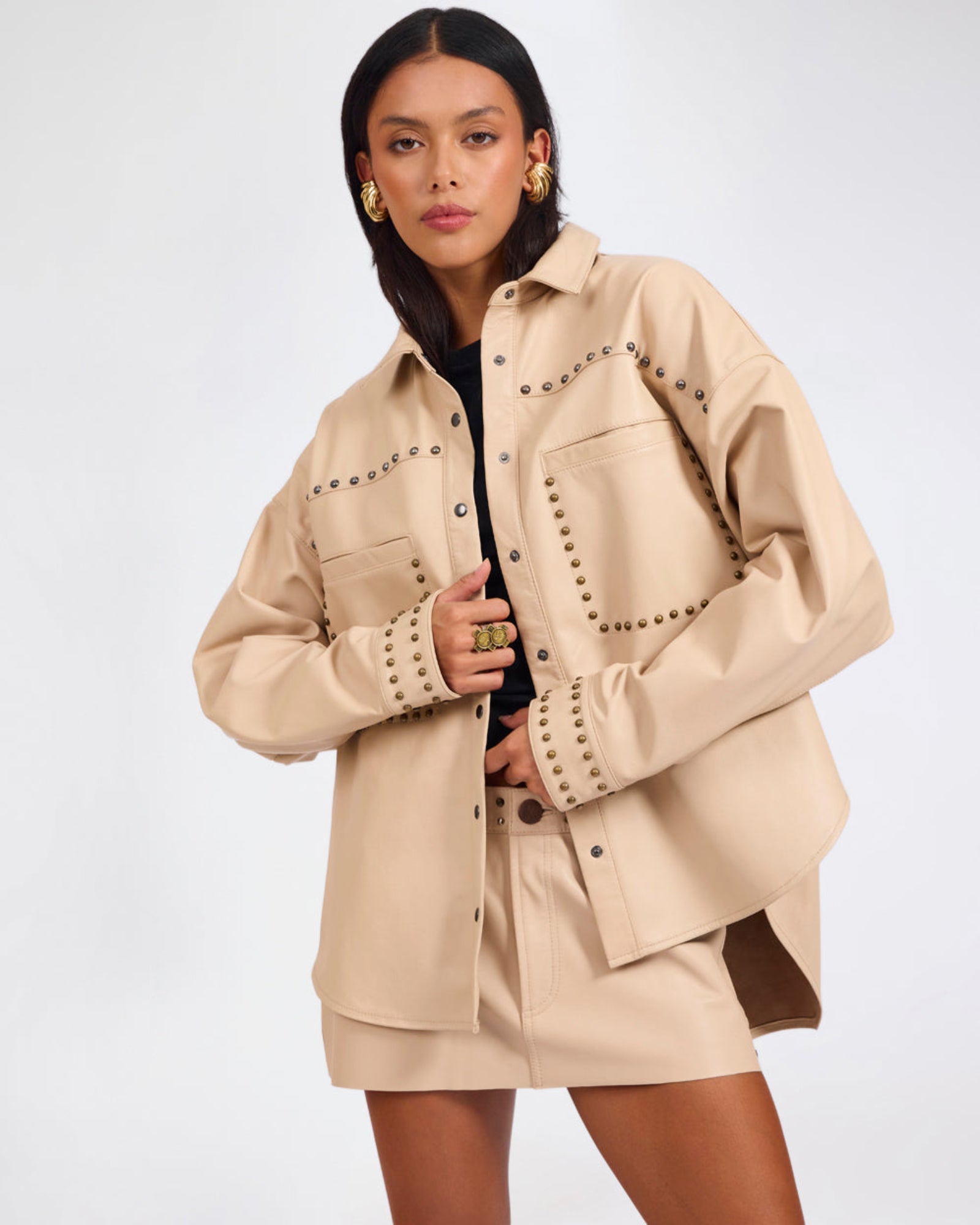 Daria Studded Leather Shacket - Tan | One Teaspoon